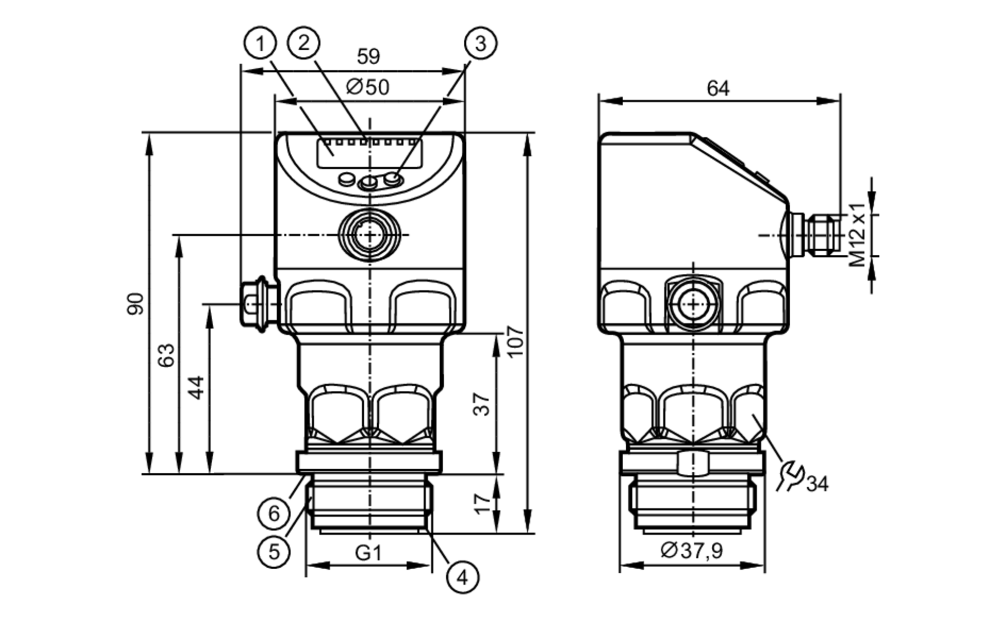PI1705 - Sensor de pressão com membrana rasante e indicador - ifm
